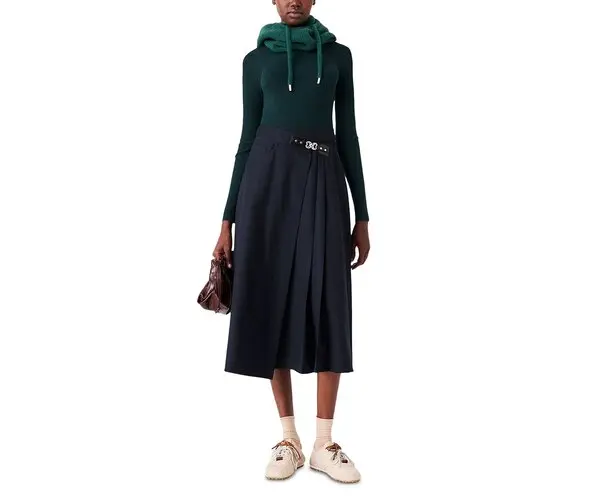 Maje Buckle Trim Pleat Front Midi Skirt