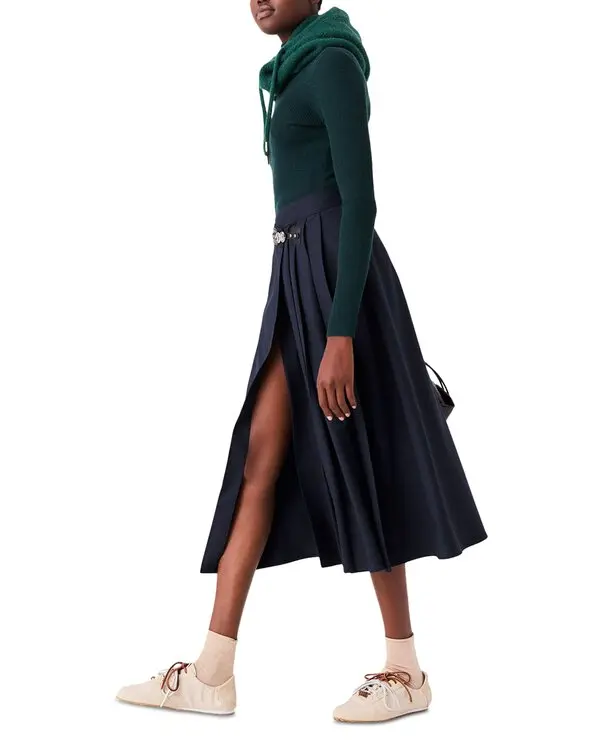 Maje Buckle Trim Pleat Front Midi Skirt