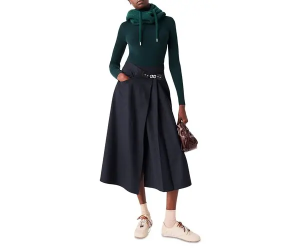 Maje Buckle Trim Pleat Front Midi Skirt
