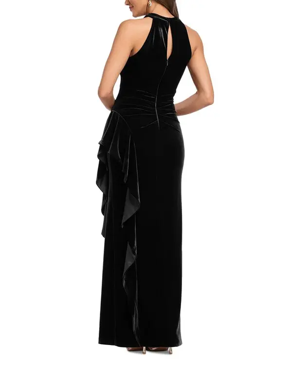 Aqua Velvet Halter Ruffled Maxi Dress Exclusive