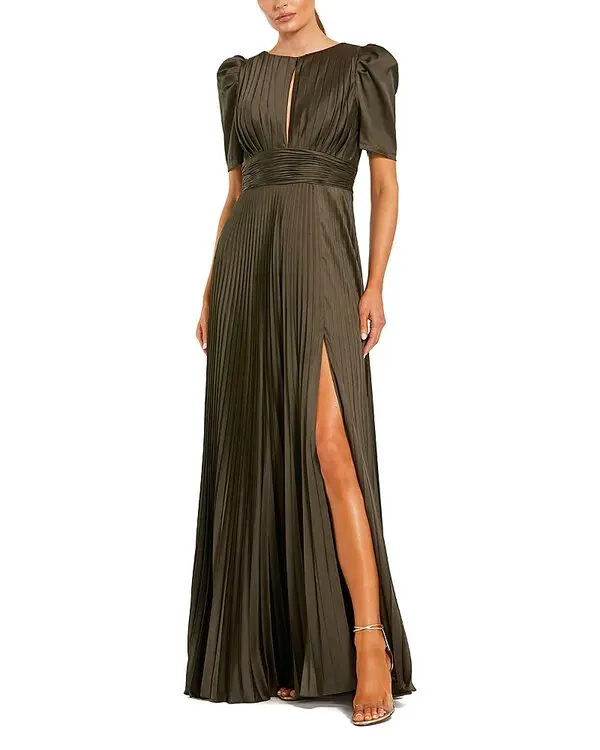 Mac Duggal Short Sleeve Pleated Evening Gown With Slit - Olive