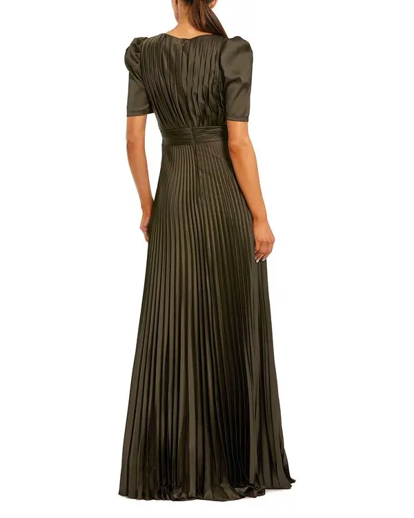 Mac Duggal Short Sleeve Pleated Evening Gown With Slit