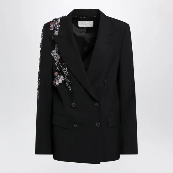 Dries Van Noten Double-breasted Jacket With Floral Sequinned Appliques - Black