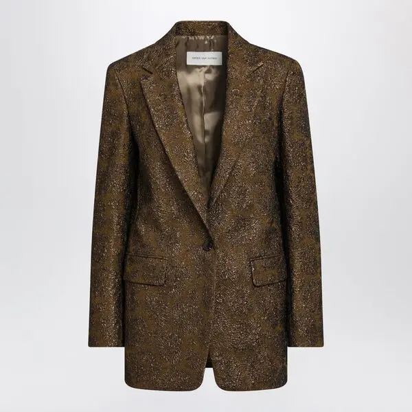 Dries Van Noten Khaki Single-breasted Jacket With Floral Jacquard Pattern - Green