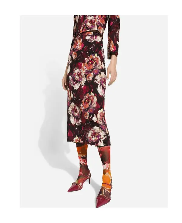 Dolce & Gabbana Dolce Gabbana Peony Printed Cady Calf-length Skirt