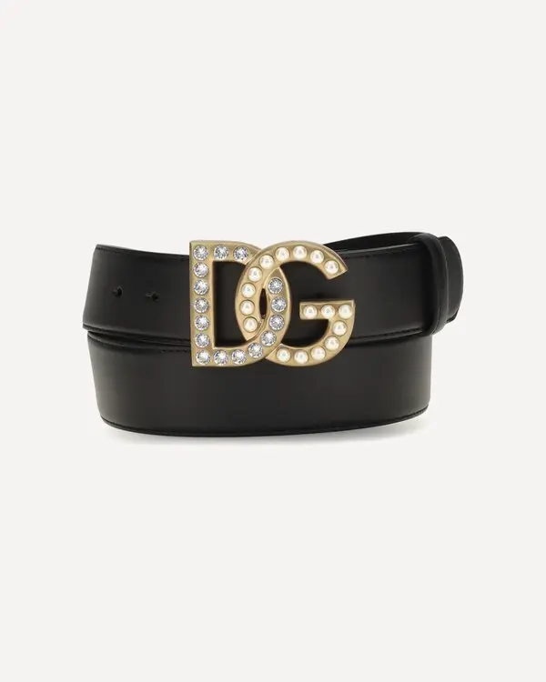 Dolce & Gabbana Leather Belt With Crystal Dg Logo