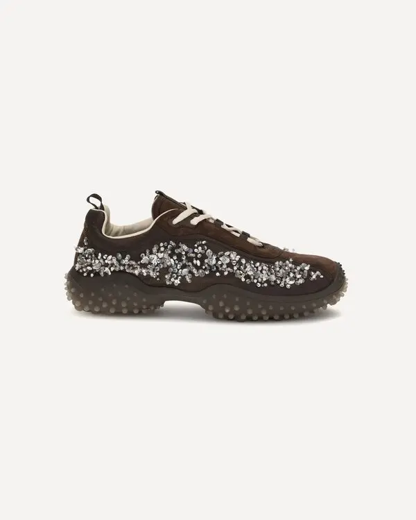 Miu Miu Suede And Technical Fabric Sneakers With Crystals - Brown