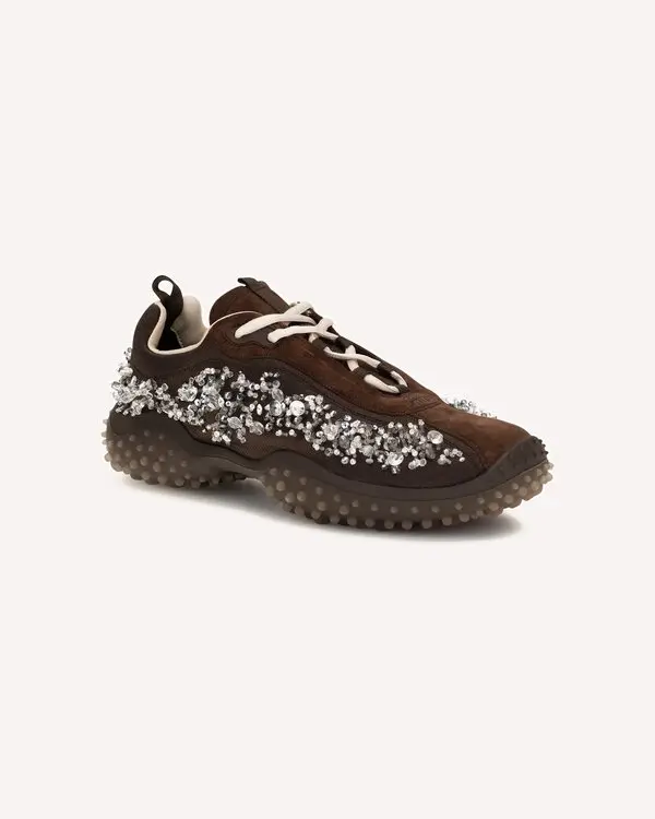 Miu Miu Suede And Technical Fabric Sneakers With Crystals - Brown