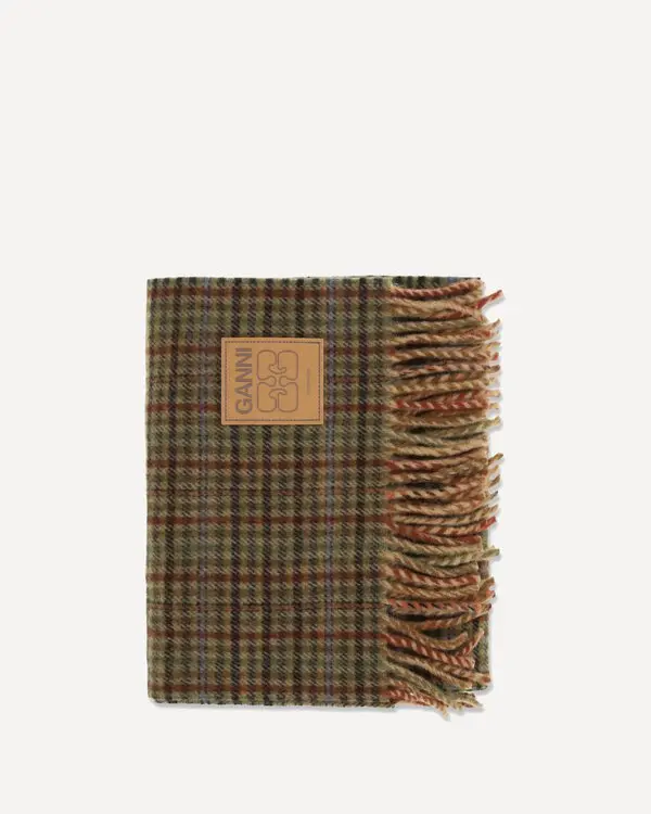 GANNI Small Check Wool Scarf - Brown