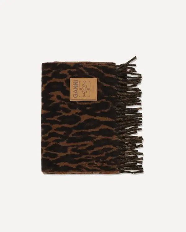 GANNI Leopard Print Wool Scarf With Logo And Fringes