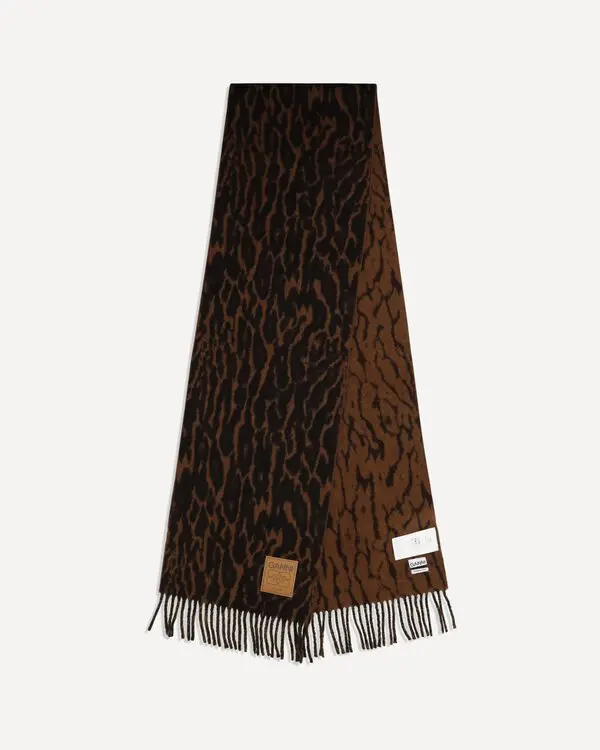 GANNI Leopard Print Wool Scarf With Logo And Fringes