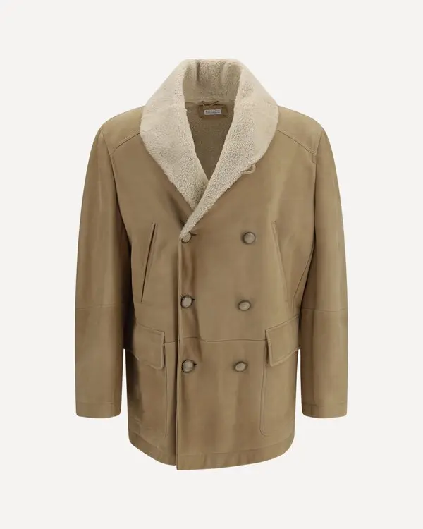 Brunello Cucinelli Curly Suede Shearling Pea Coat With Shawl Collar Ale - Beige