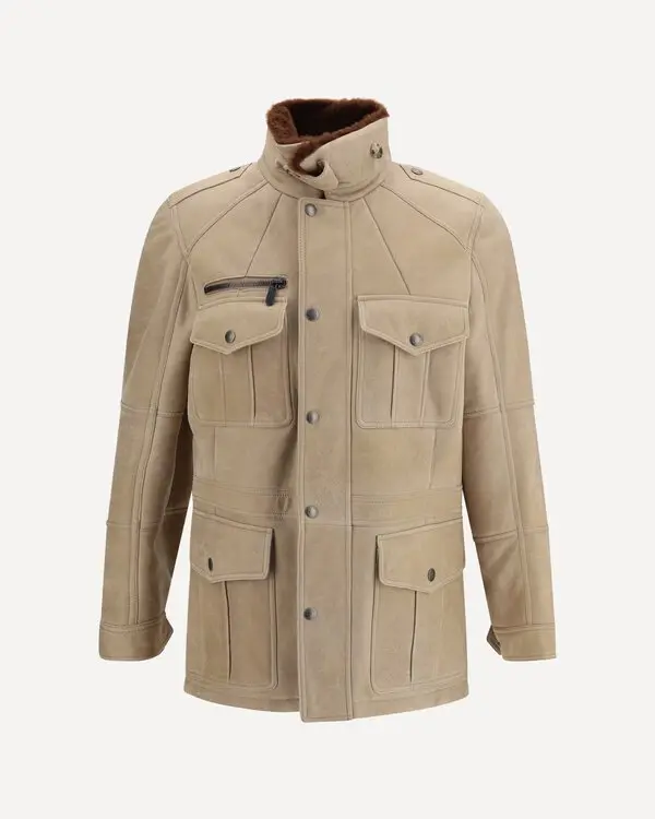 Brunello Cucinelli Waxed Shearling Safari Jacket - Beige