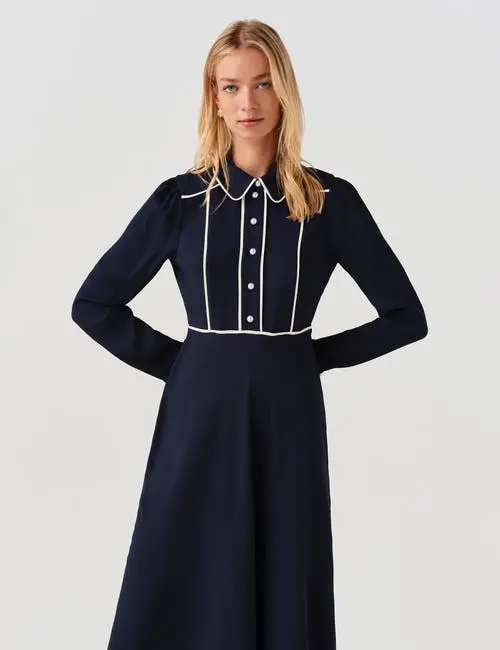 GHOST LONDON Alberta Contrast Piping Midi Dress - Navy