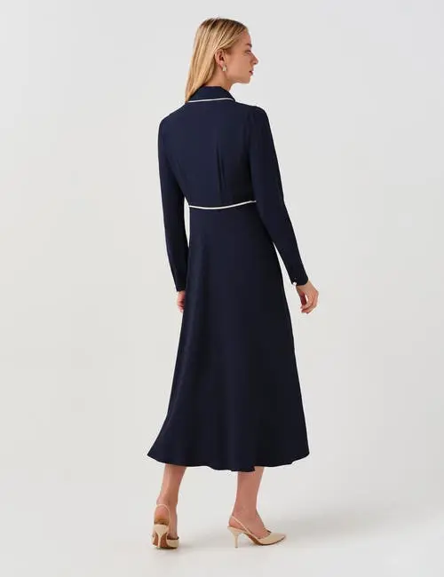 GHOST LONDON Alberta Contrast Piping Midi Dress - Navy