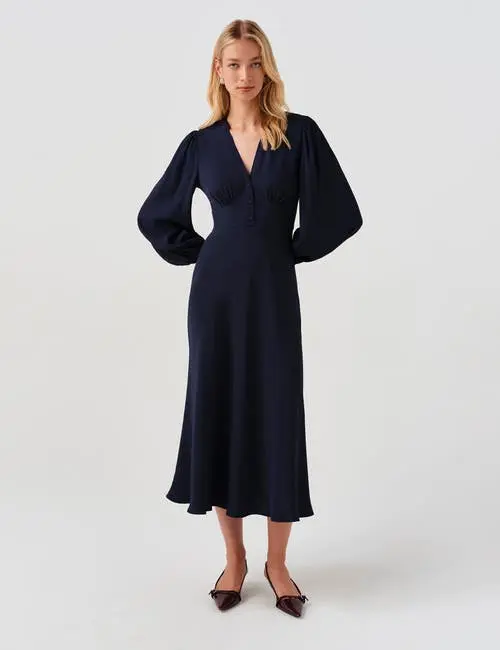 GHOST LONDON Deanna V-neck Midi Dress - Navy