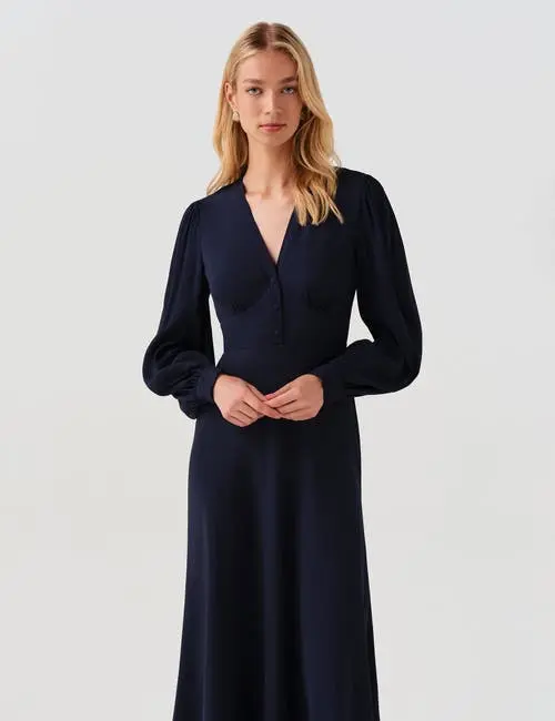 GHOST LONDON Deanna V-neck Midi Dress - Navy