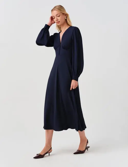 GHOST LONDON Deanna V-neck Midi Dress - Navy