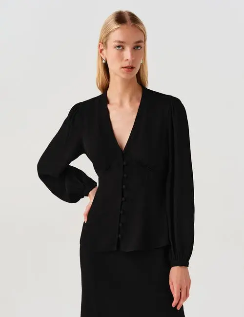 GHOST LONDON Edina V-neck Button Through Blouse - Black