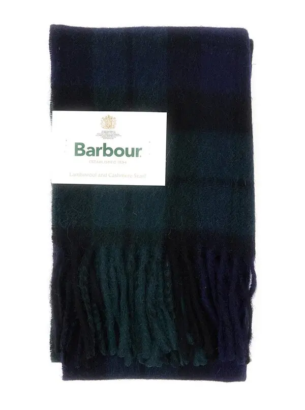 Barbour Logo Patch Check Scarf With Fringed Hem, 195x30 Cm - Blu