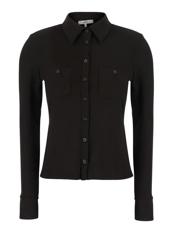FRAME Modal Pointed-collar Ribbed Top With Button Closure And Front Pockets - Brown