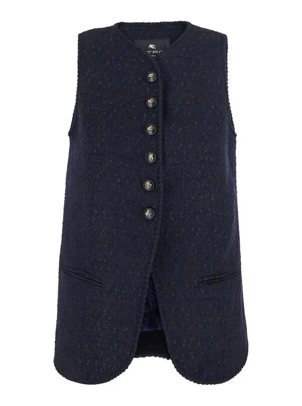 Etro Blue Sleeveless Round Neck Jacket With A-line Design In Blend Wool