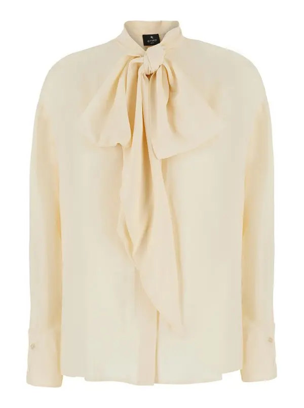 Etro Silk-blend Shirt With Integrated Scarf Collar And Tone-on-tone Jacquard Motif - White