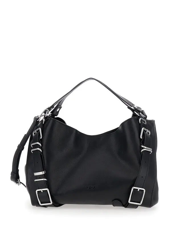 DIESEL® D-one Top Handle Medium Leather Shoulder Bag With Embossed Logo And Metal Details