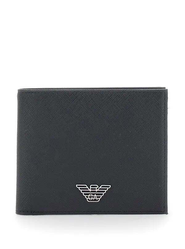 Emporio Armani Tech Fabric Bifold Wallet With Metallic Logo, 11x9.5x1.5 Cm, 8 Card Slots - Black