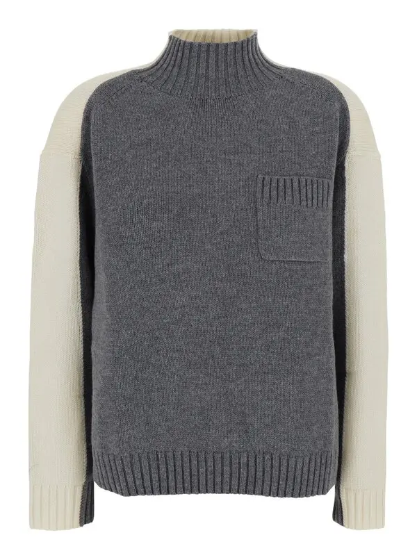 SEMICOUTURE Bicolor Wool And Cashmere Sweater With High Collar And Chest Pocket