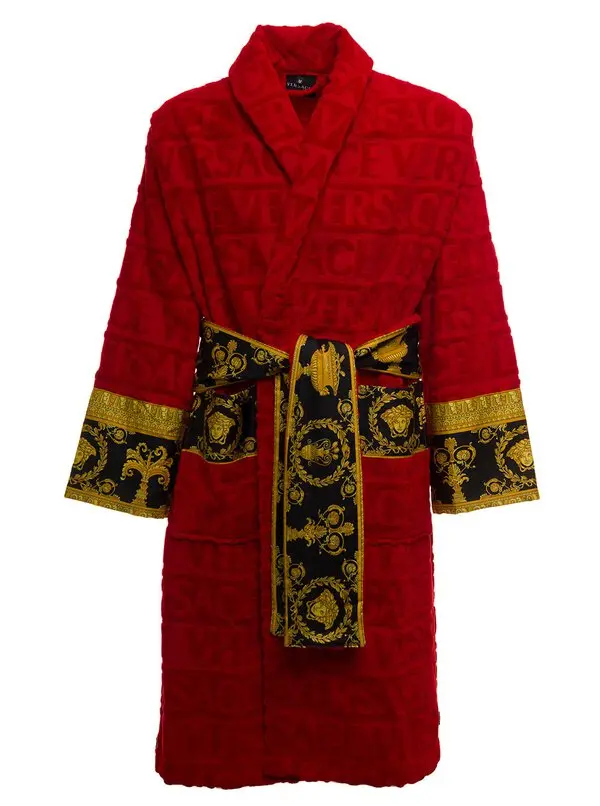 Versace Baroque Jacquard Logo Cotton Terry Bathrobe With Waist Belt, Pockets, And V-neck - Red