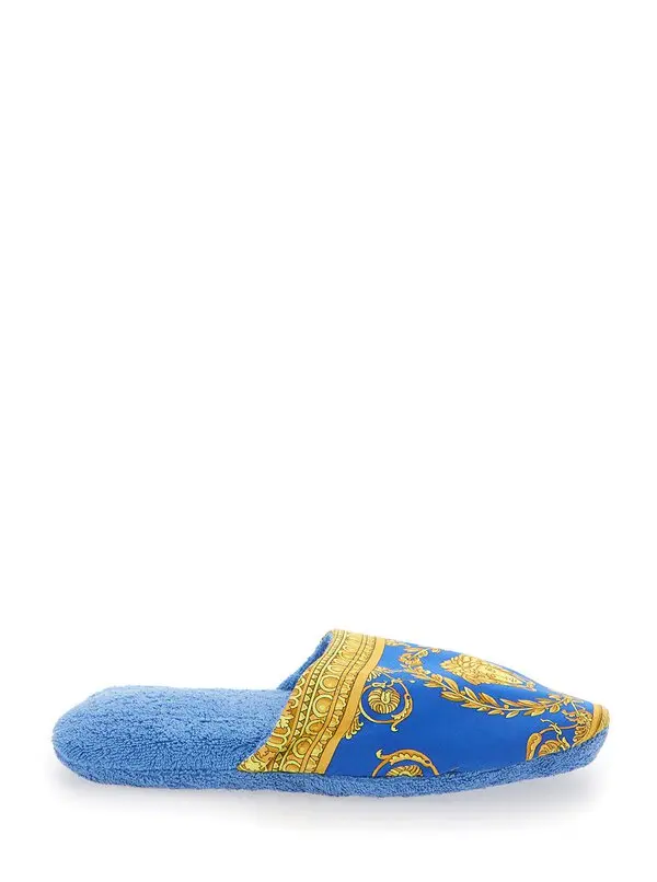 Versace Baroque Print Fabric Slippers With Gold Accents