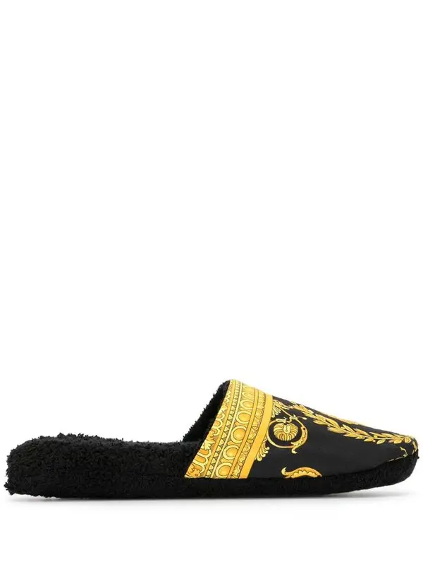 Versace Baroque Print Cotton & Sponge House Slippers With Poplin Insert - Black