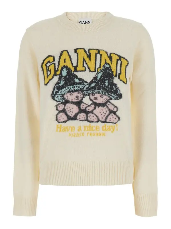 GANNI Blend Wool Crewneck Sweater With Maxi Front Graphic