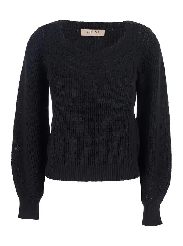 TWINSET Wool And Cotton Sweater With Embroidered Collar And Elastic Cuffs