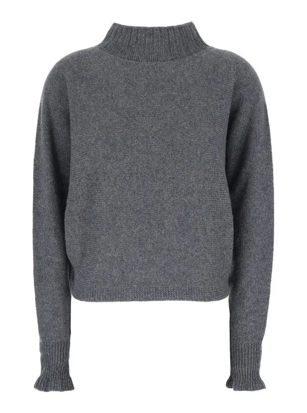 TWINSET Wool Blend Turtleneck Sweater With Metallic Back Logo Plaque And Flared Cuffs