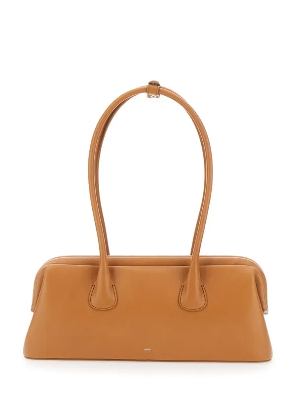 OSOI Boat Wide Mini Leather Shoulder Handbag With Round Handles And Logo Lettering - Brown