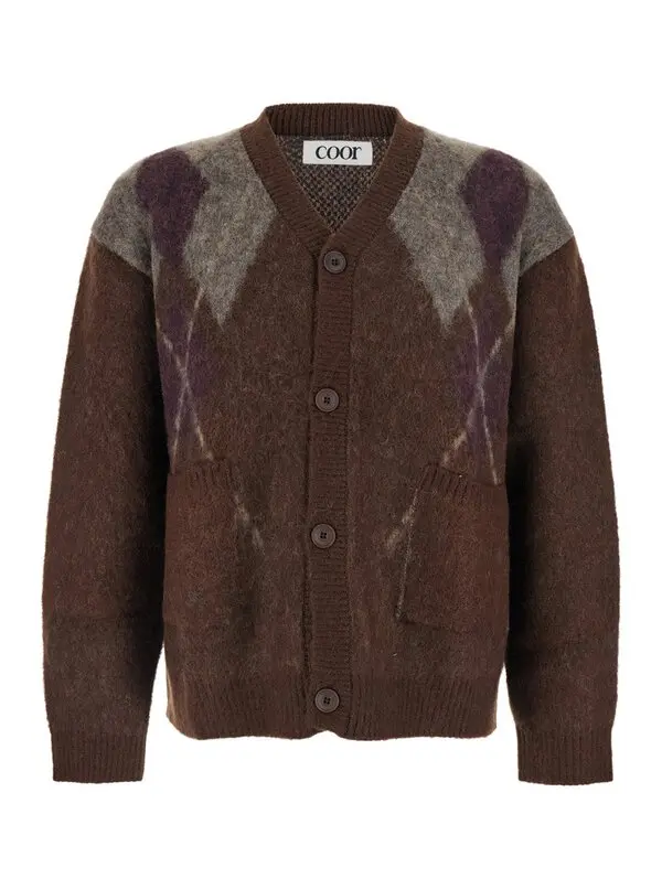 COOR V-neck Wool-blend Argyle Cardigan With Button Front Pockets