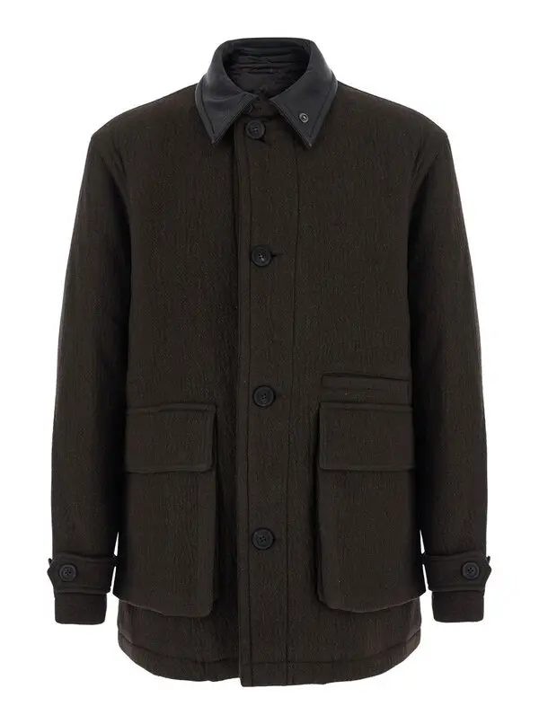 COOR Leather Patchwork Trimming Jacket With Classic Collar And Long Sleeves