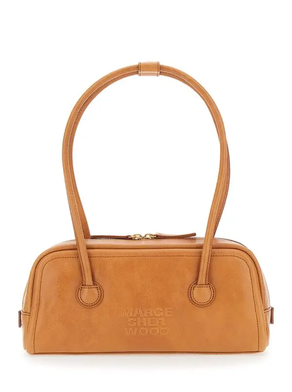 MARGESHERWOOD Soft Boston Leather Shoulder Handbag With Two Top Handles, Logo Front, Top Zip Closure, 29x12x7 Cm - Brown