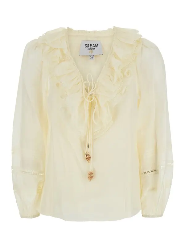 DREAM CATCHER Inspired V-neck Blouse With Tassel Tie And Ruffle Collar - White
