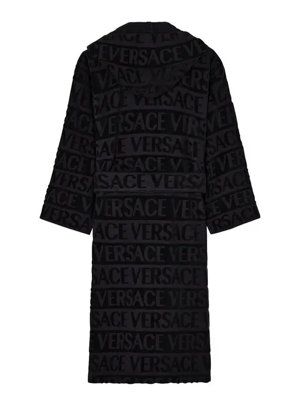 Versace Printed Logo Cotton Bathrobe With Scarf Collar - Black