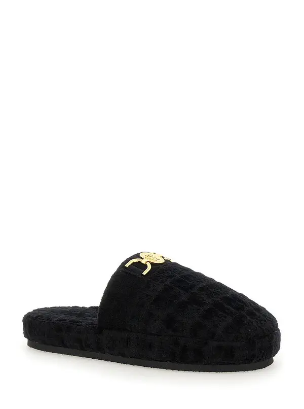 Versace Logo Plate Sponge-texture Slip-on Slippers With Flat Rubber Sole