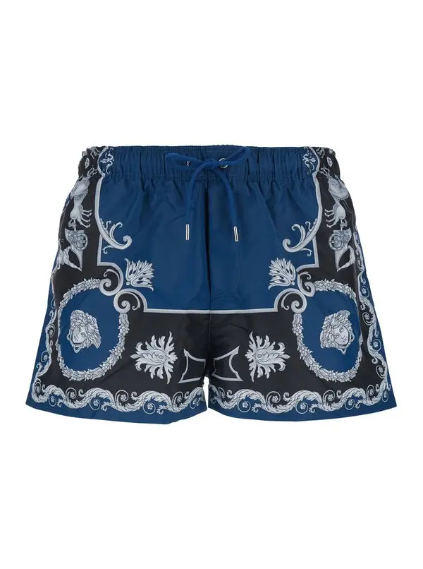Versace Tech Fabric Geometric Print Swim Shorts With Elastic Waist & Drawstring