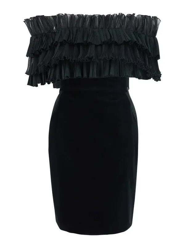 Elisabetta Franchi Ruffle Off-shoulder Velvet Mini Dress With Back Zip