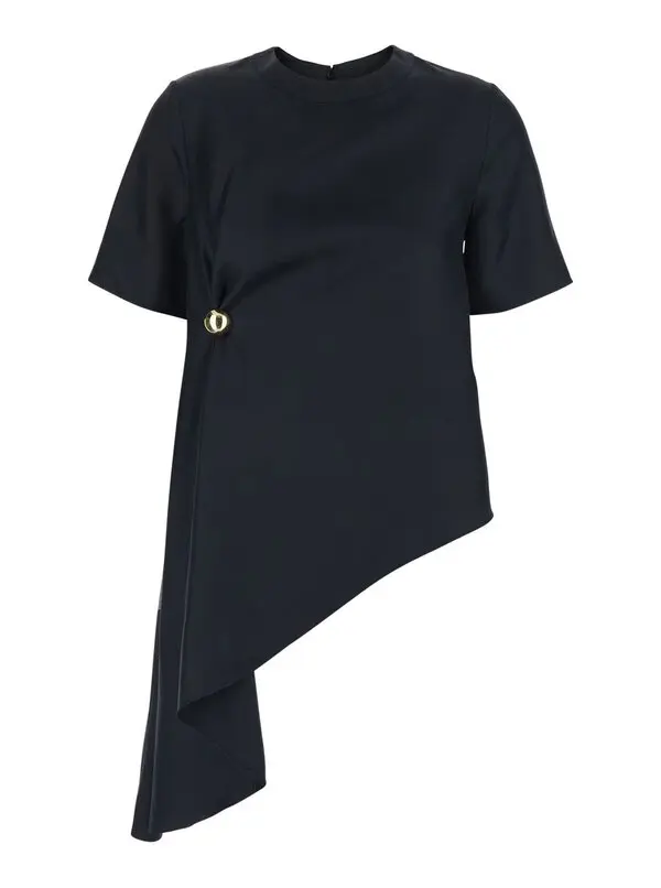Loulou De Saison Madea Silk Crew Neck Top With Draping And Asymmetrical Hem