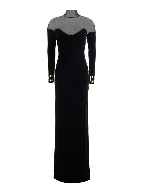 Elisabetta Franchi Long Velvet Dress With V-neck And Long Sleeves - Black