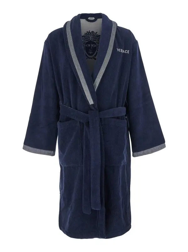Versace Medusa Jacquard Hooded Cotton Bathrobe With Waist Tie - Blu
