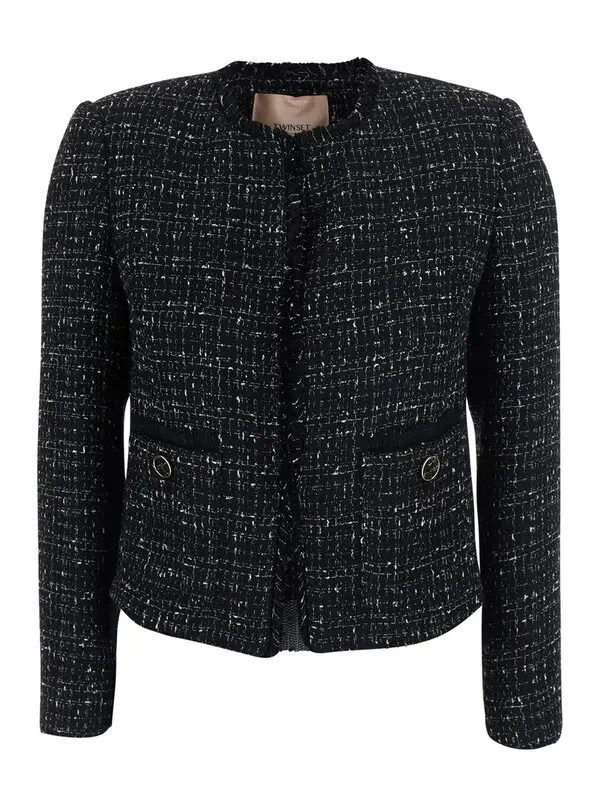 TWINSET Tech Fabric Blazer Jacket With Classic Collar, Button Front & Side Pockets