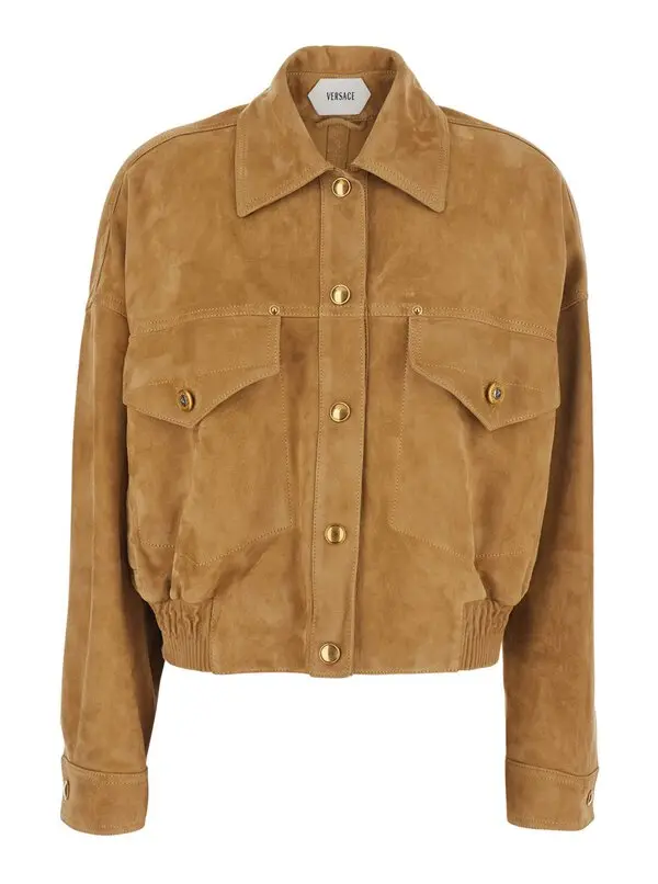 Versace Suede Jacket With Pointed Collar And Logo Jewel Button Closure - Beige